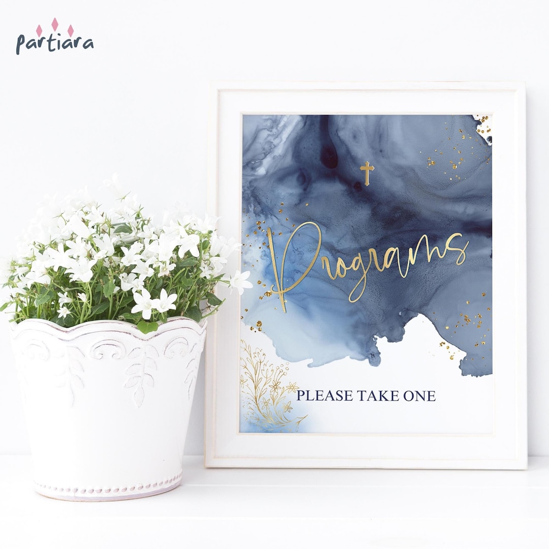 Navy Blue Programs Table Sign Printable, Boy Baptism Party Program ...