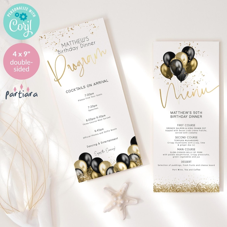 Black Gold Menu Program Card Editable Template Men or Ladies - Etsy