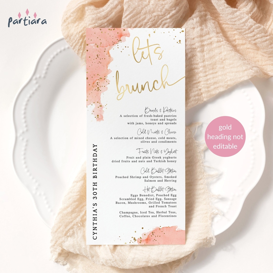Blush Gold Brunch Menu Card DIY Editable Printable Ladies Slim Baby or ...