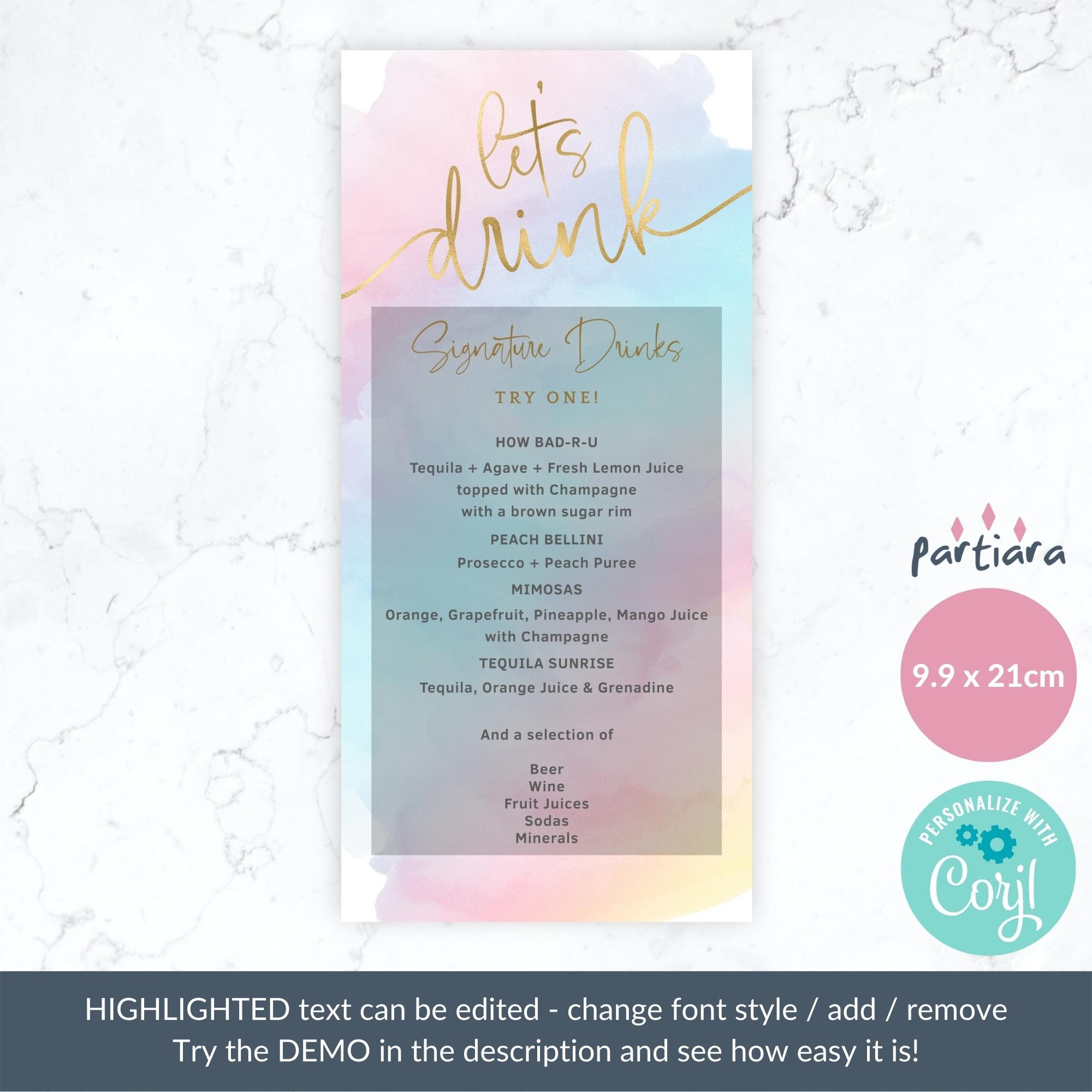 Rainbow Birthday Drinks Menu Card Printable Ladies Dinner - Etsy Australia