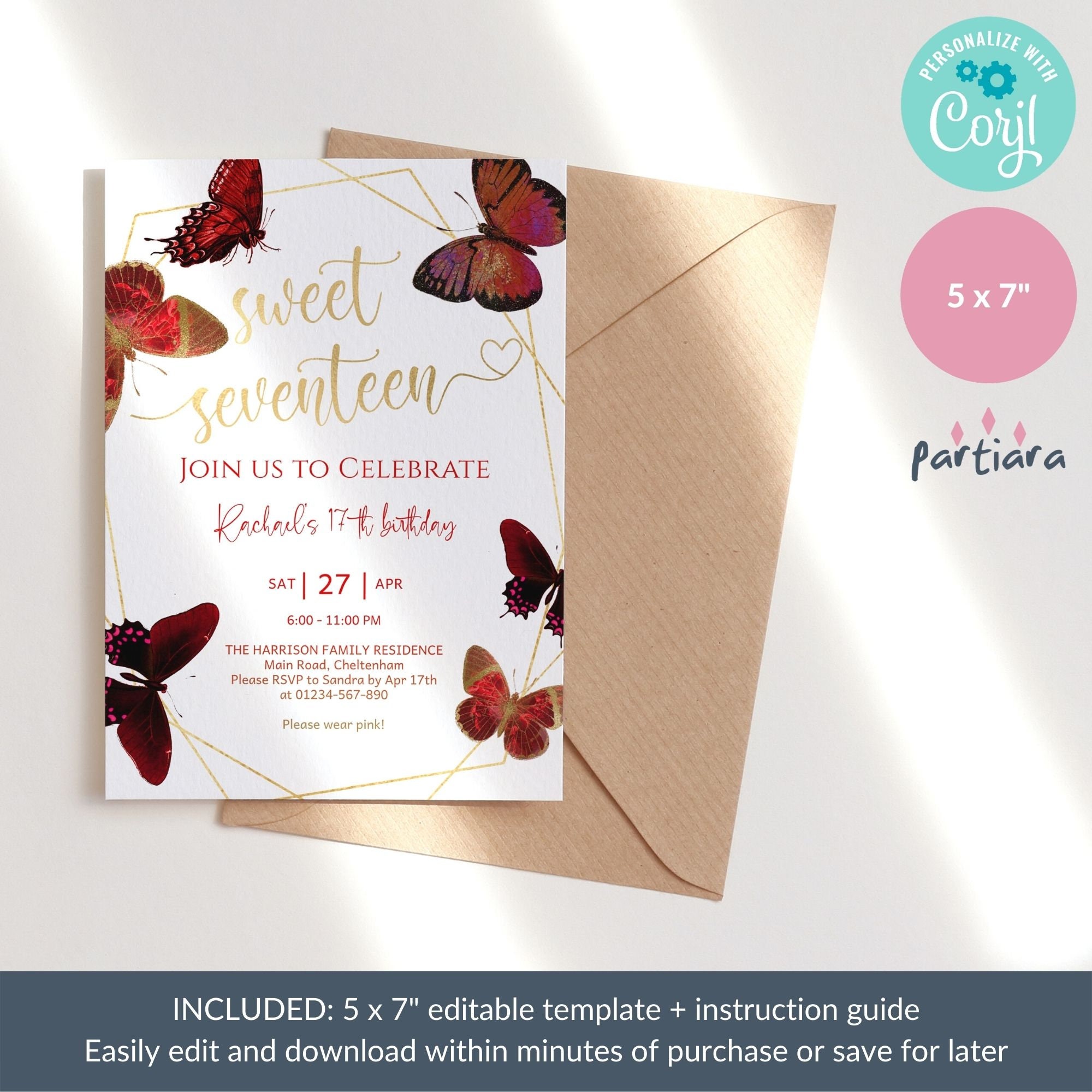 17th Birthday Invitation Printable Girl's Sweet Seventeen - Etsy UK