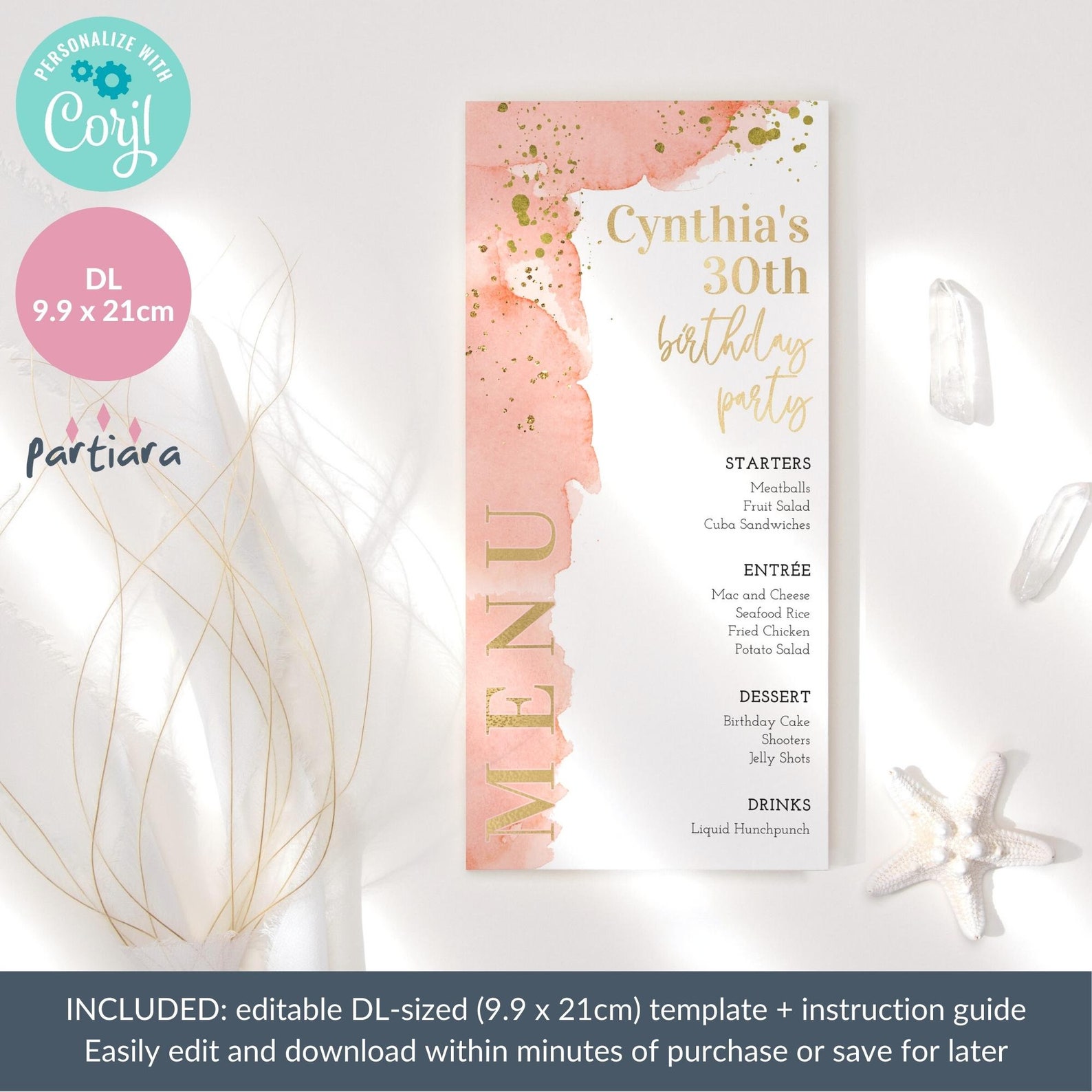 Blush Coral Birthday Menu Editable Template Ladies Brunch Bridal Shower ...