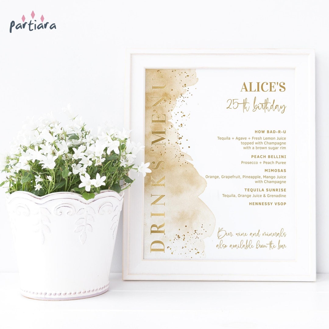 Gold Drinks Menu Template, Birthday Bar Table Menus Printable, Golden ...