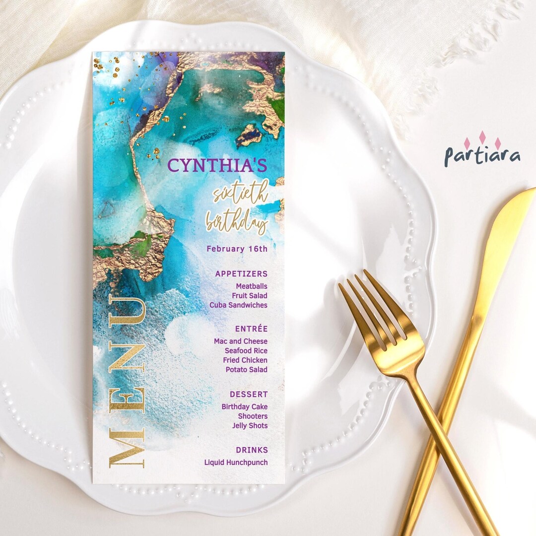 Birthday Beach Menu Printable, Dinner Party Menus, Turquoise Teal Blues ...