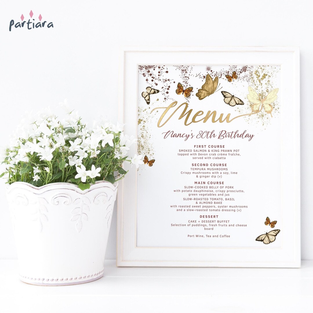 Brown Gold Butterfly Menu Sign Printable, Fall Birthday Dinner Party ...