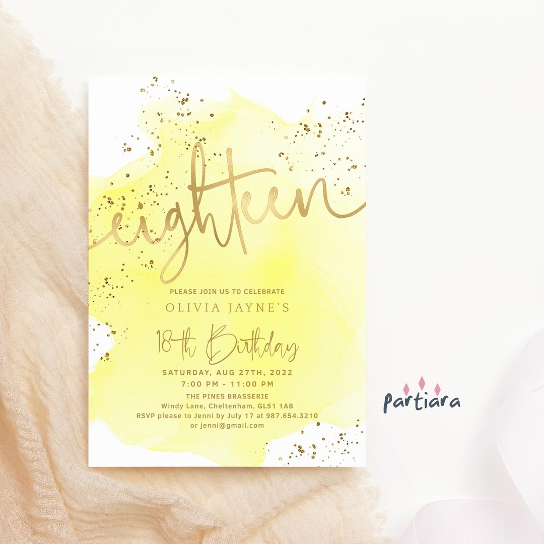 18th Birthday Invitation Yellow Brunch Party Invite Printable for Women ...