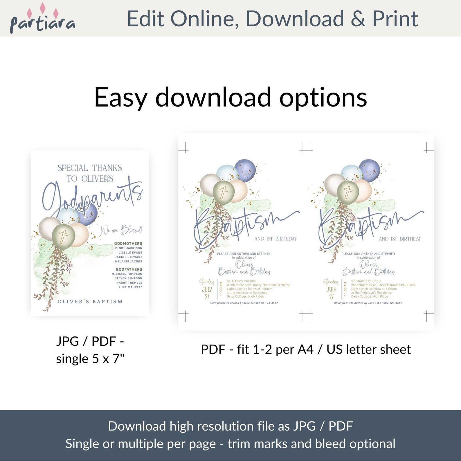 Boy Baptism Invitation Printable Godparents Details Invite 1st Birthday ...