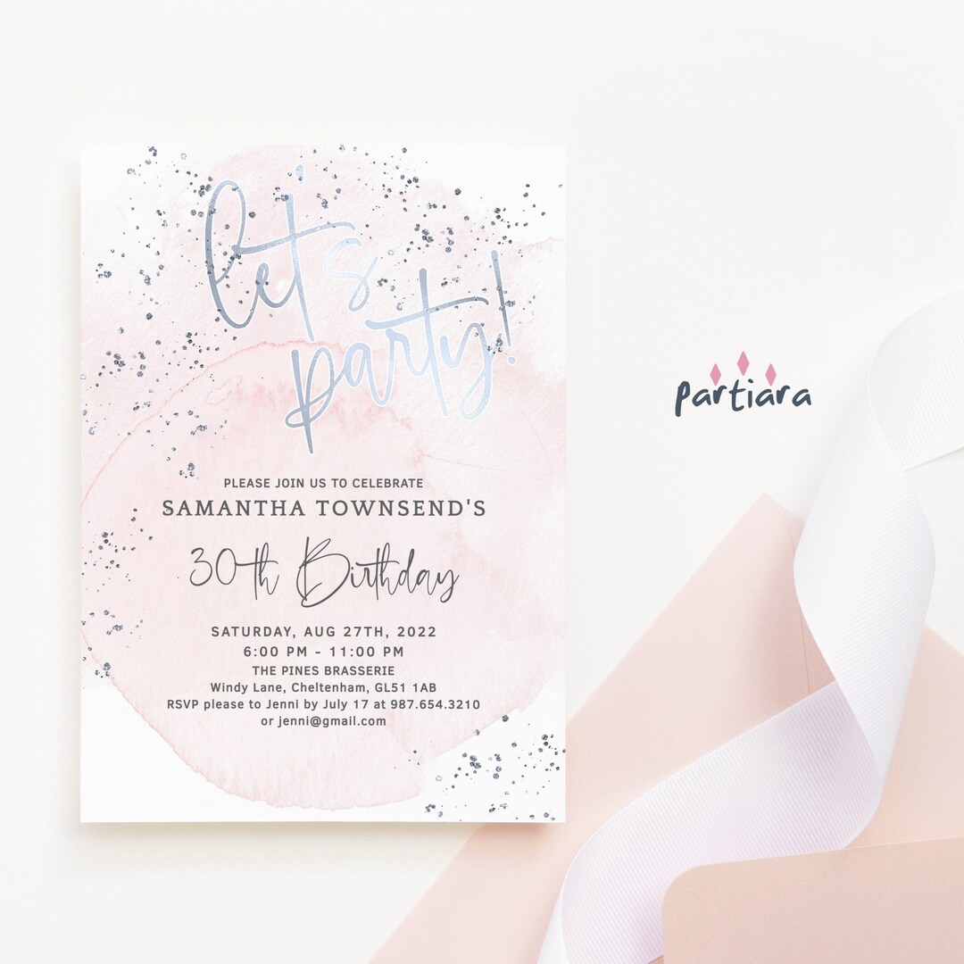 Pink Birthday Invitation Ladies Template, Pastel Silver Lets Party ...
