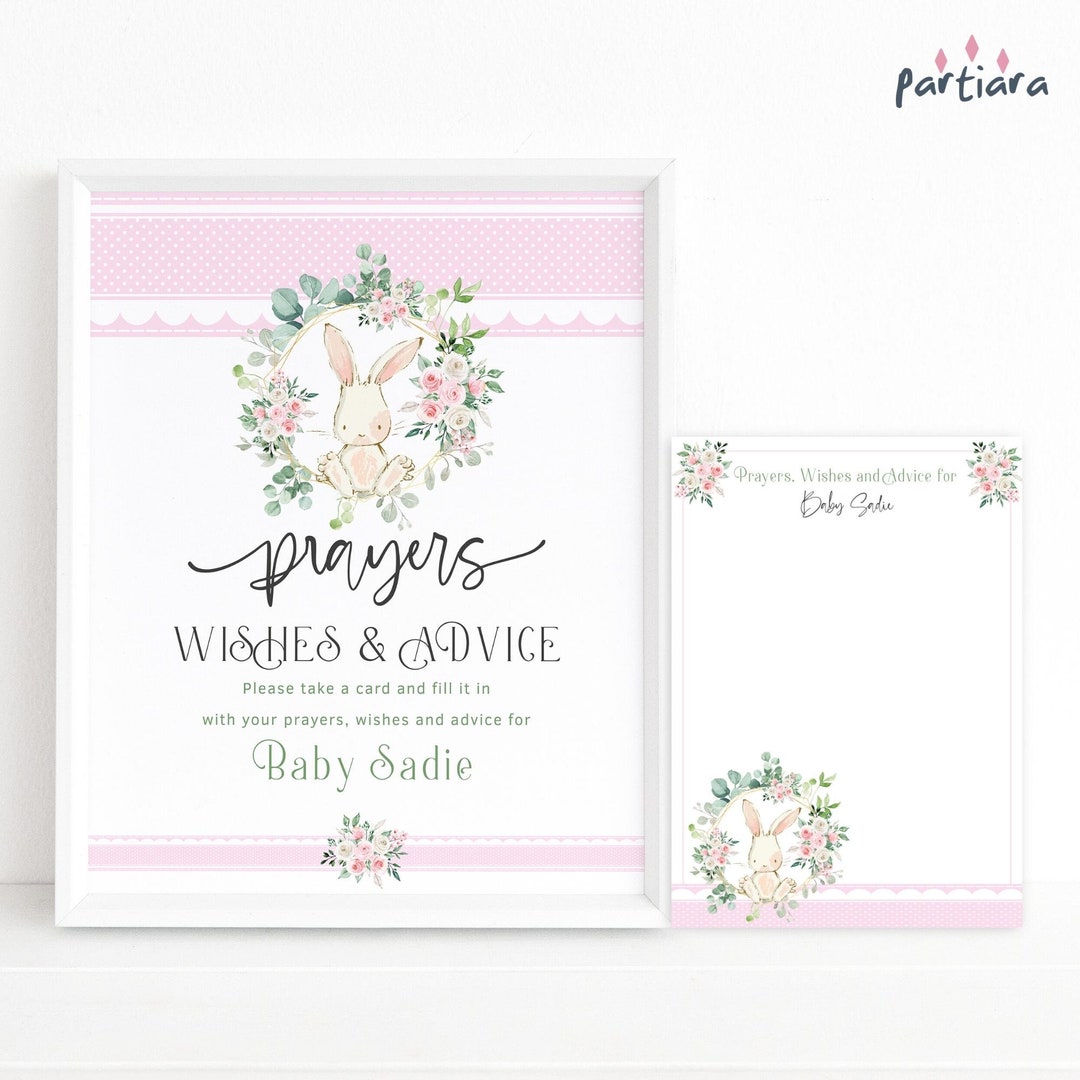 Baby Bunny Wishes Advice Sign Girl Baby Shower Floral Pink Rabbit Table ...