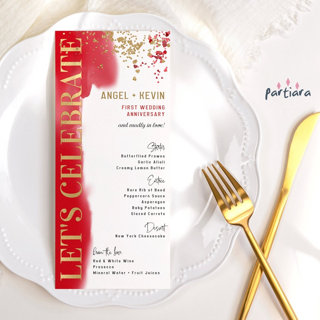 Anniversary Menu Card Dinner Party Table Menus Red Gold Plate Decor ...
