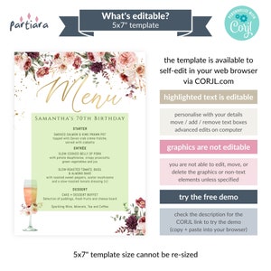 Birthday Menu Template Floral Dinner Party Menus Printable, Ladies 50th ...