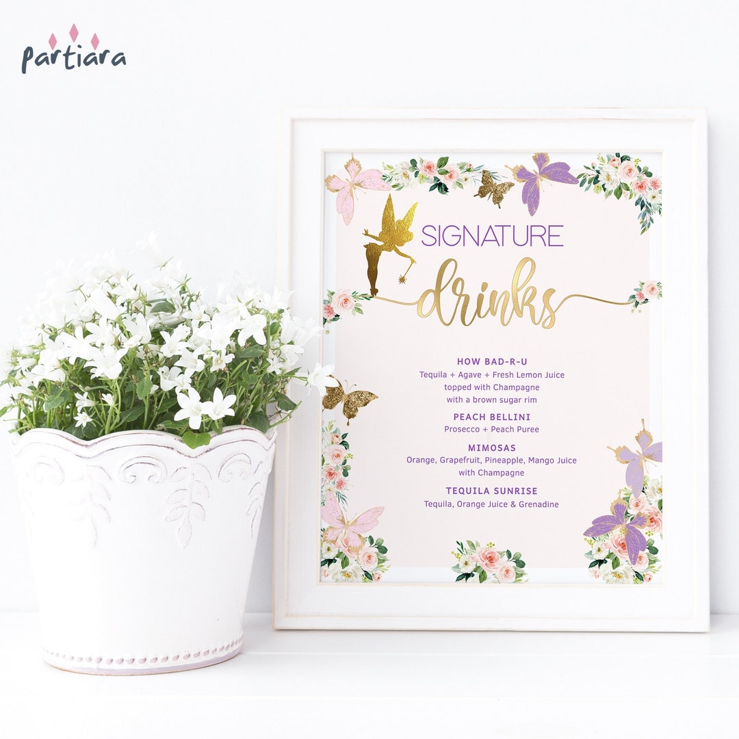 Fairy Signature Drinks Menu Sign Printable, Girl Birthday Party Floral ...