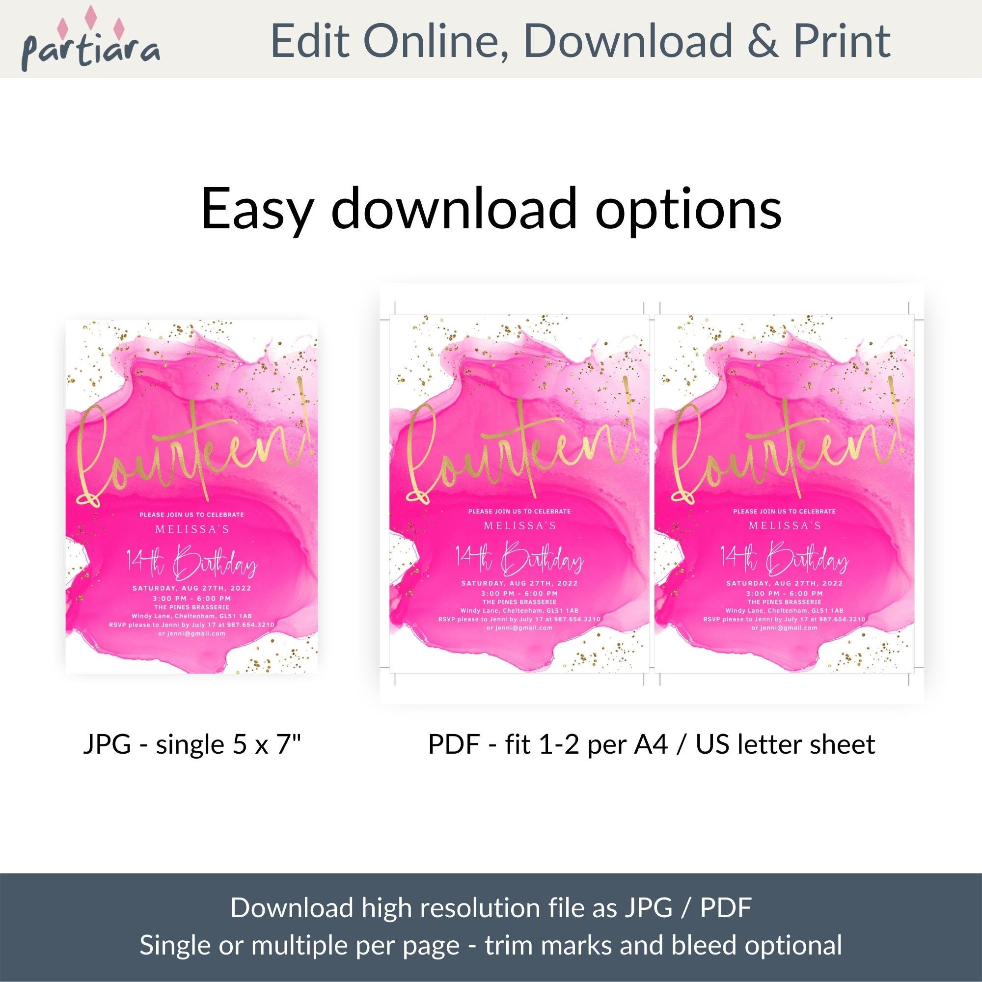 Pink 14th Birthday Invitation, Girl Turning Fourteen Party Invite ...