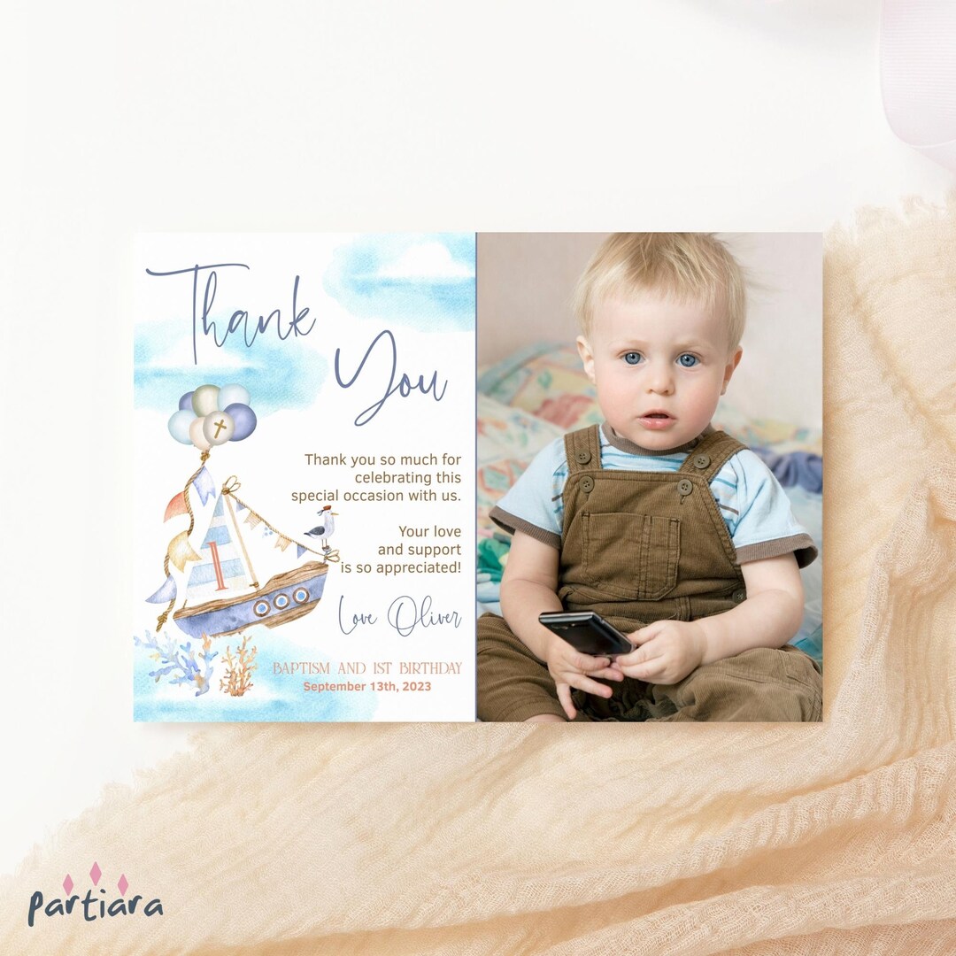 Thank You Card Nautical Baptism 1st Birthday Photo Notecards Printable ...