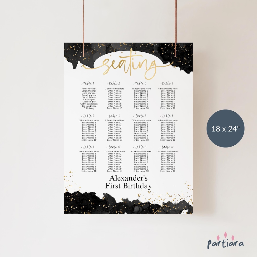 Birthday Seating Chart, Black Gold Table Seating Allocation Sign ...