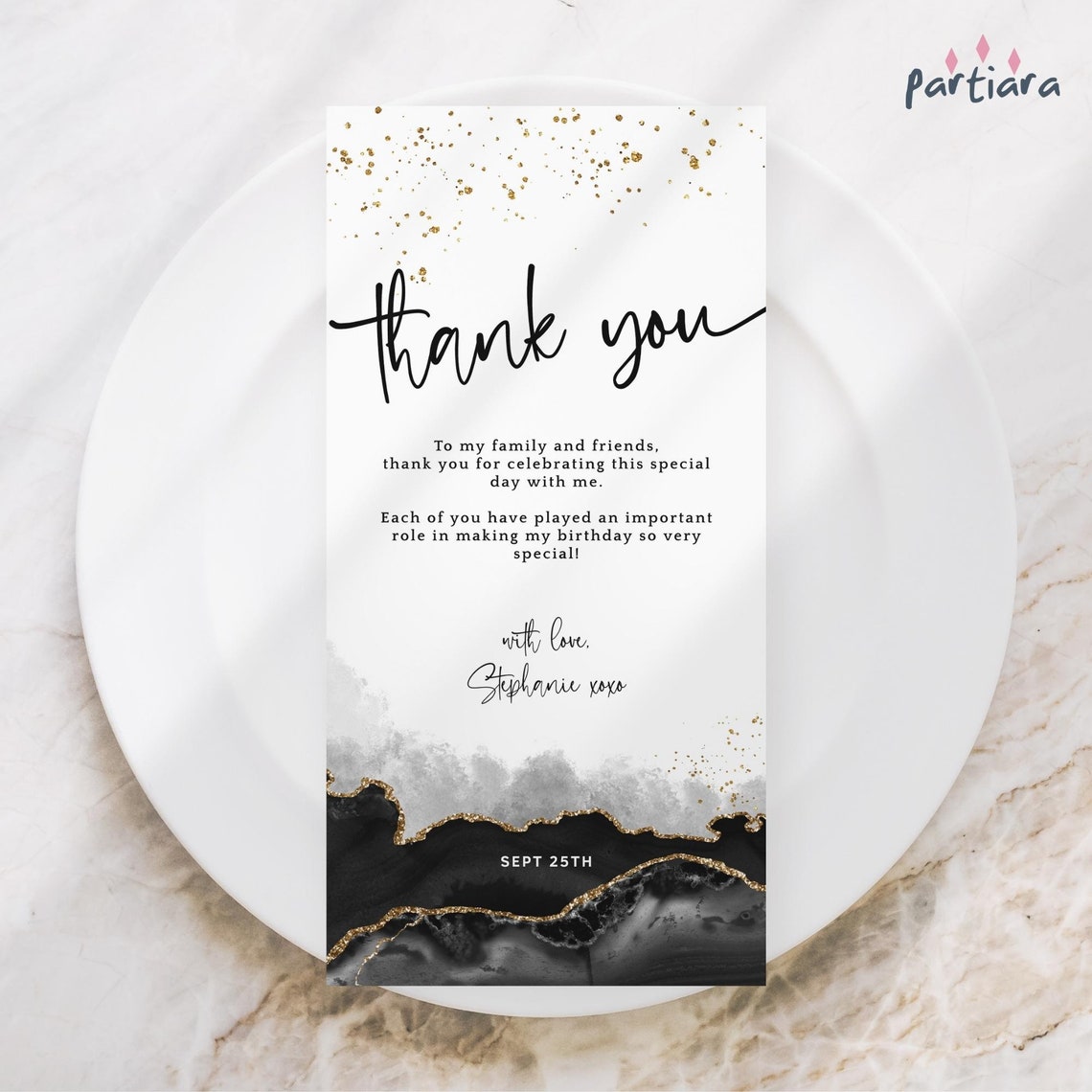 Black Gold Birthday Thank You Table Plate Decor Card Printable Men or ...