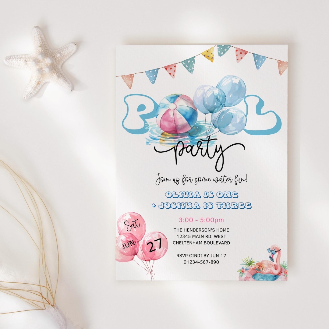 Pool Party Invitation, Birthday Pool Party Invite Template, Tropical ...