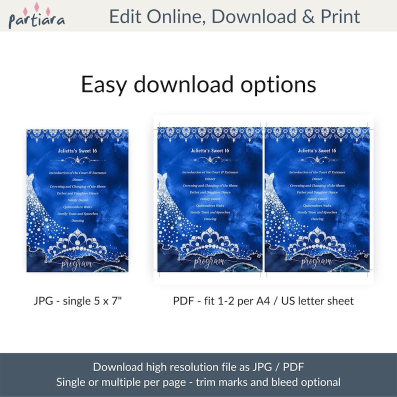 Quinceanera Program Template, Sweet 16 Birthday Table Programs Printable, Royal Blue Silver ...