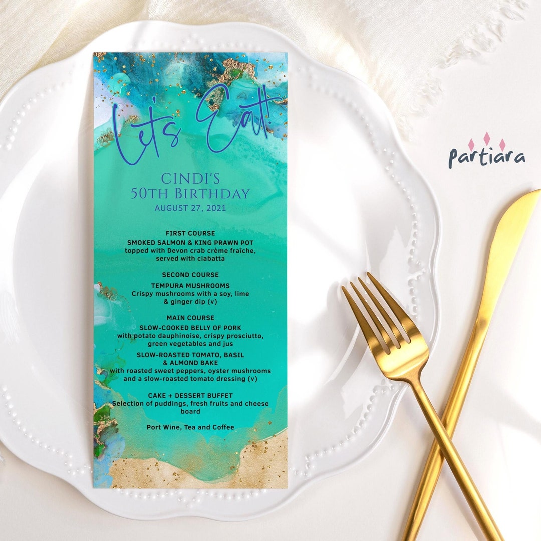 Editable Table Menu Card Template, Turquoise Blue Gold Birthday Menus ...