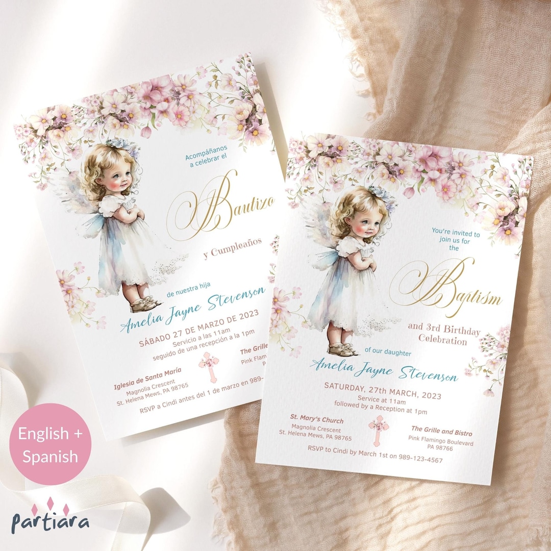 Girl Angel Baptism Invitation Spanish and English Double-sided Angelic ...