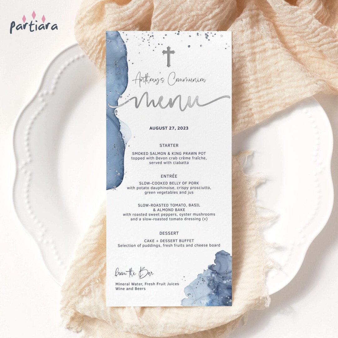 Blue Baptism Menu Card, Boys First Communion Table Menus Printable ...