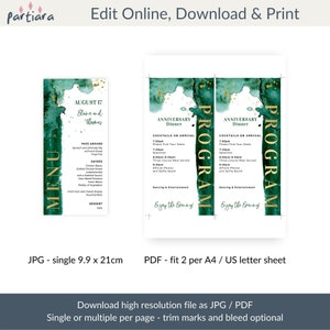 Green Birthday Program Template With Menu Cards, Emerald Gold Dinner ...