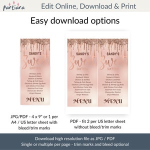 Sweet 16 Birthday Menus Printable Rose Gold Blush Pink Dinner Party ...