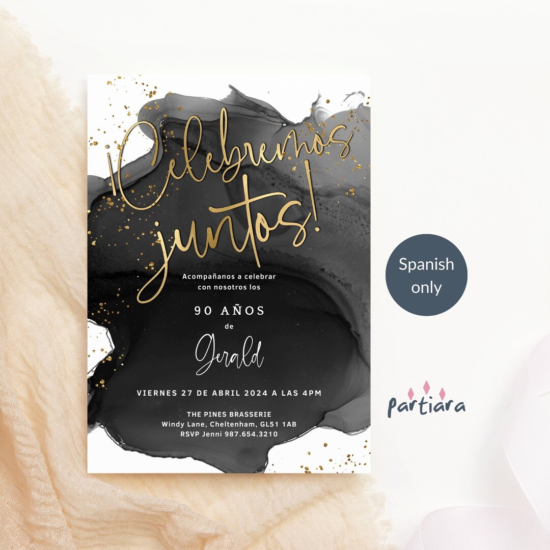 Editable Spanish Birthday Invitation Template, Black and Gold Ladies or ...