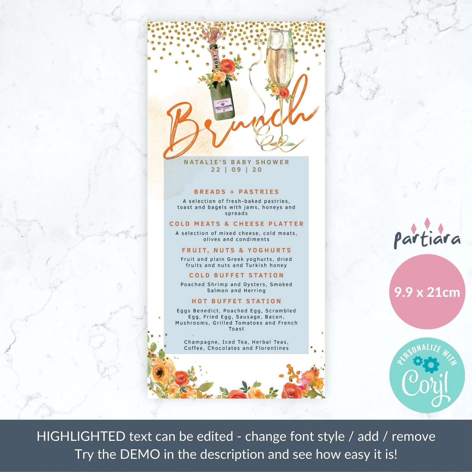 Champagne Brunch Menu Card Editable Ladies Birthday Party - Etsy