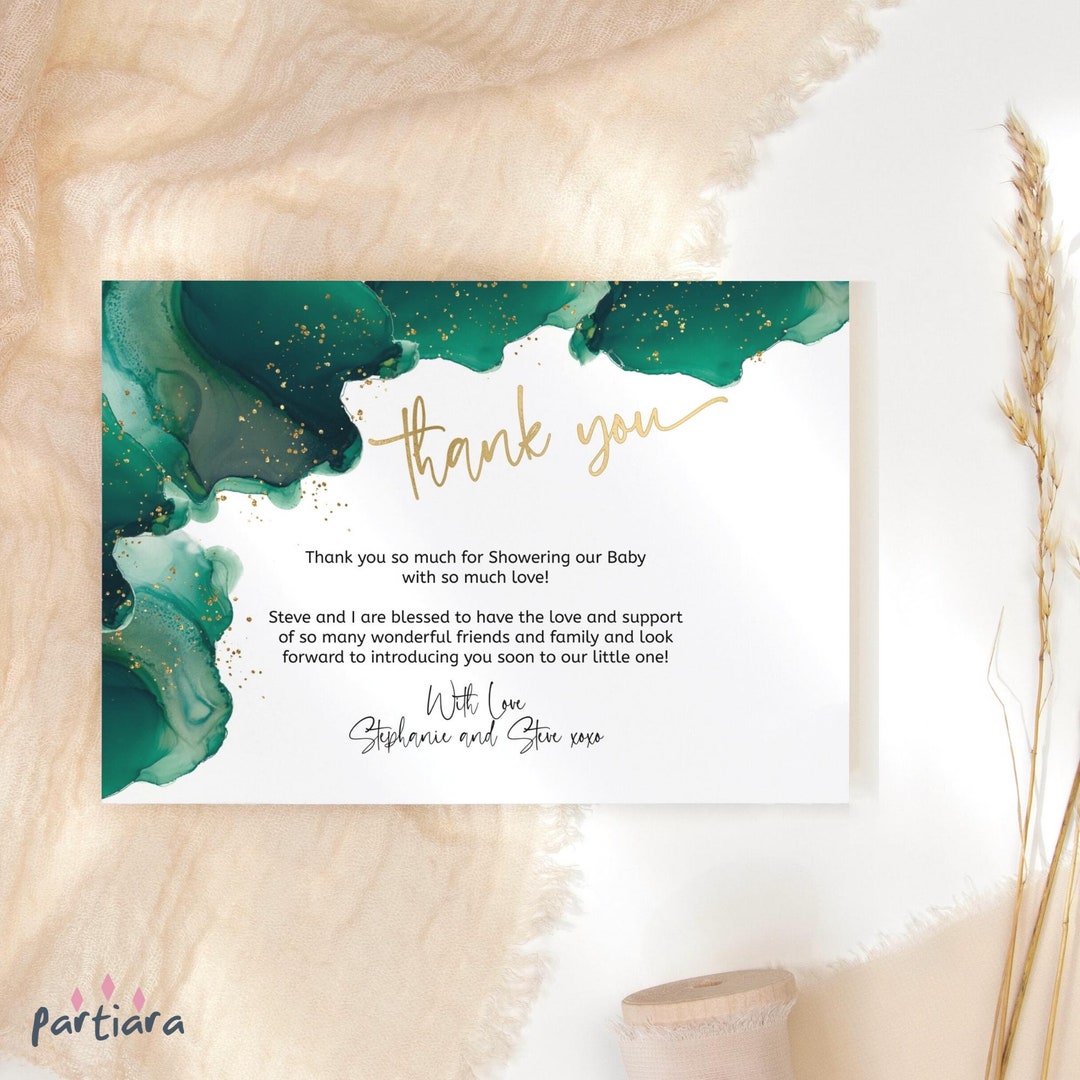 Thank You Cards Birthday Party Printable, Emerald Green Notecards, Men ...
