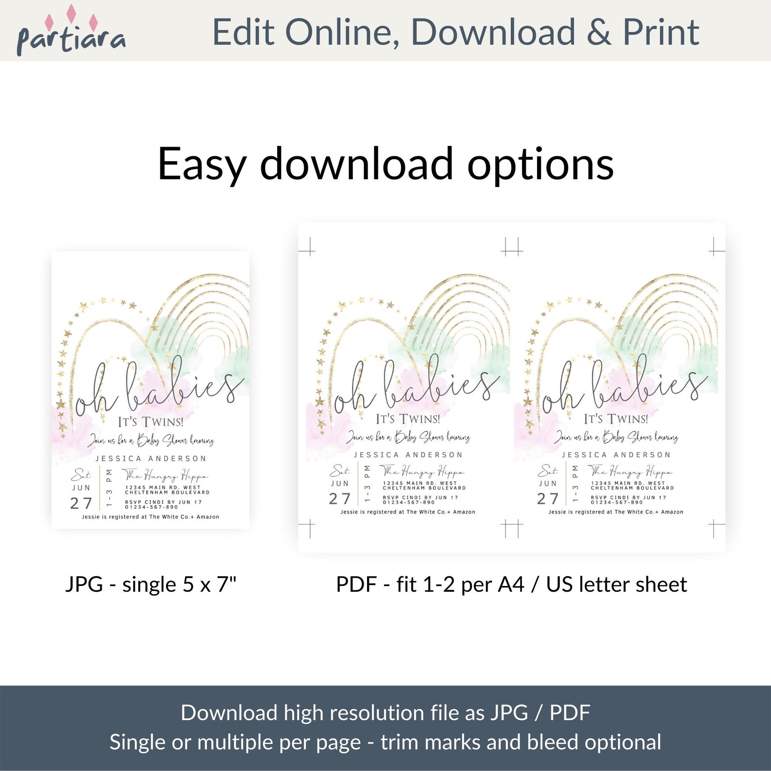 Rainbow Baby Shower Invite for Twins, Twins Baby Invitation Template ...
