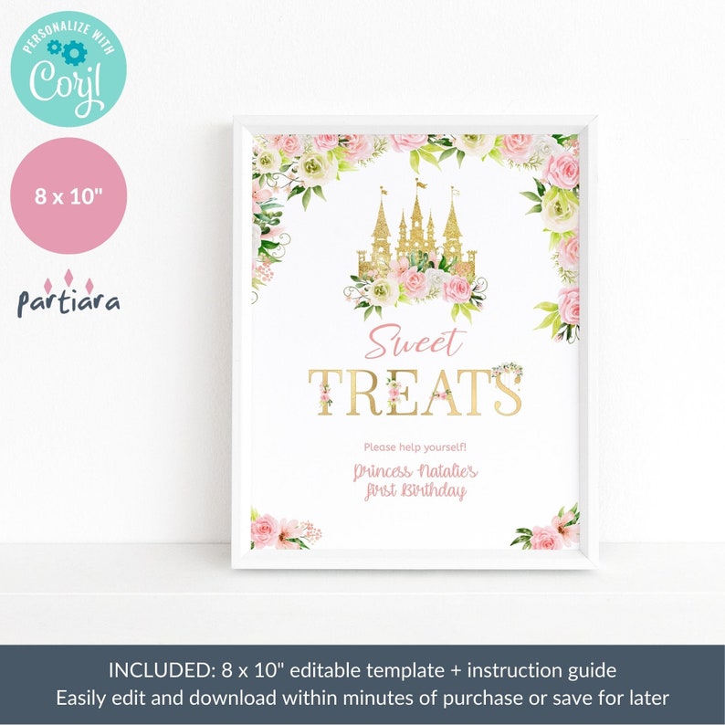 Princess Sweet Treats Table Sign, Pink Gold Floral Castle Decor ...