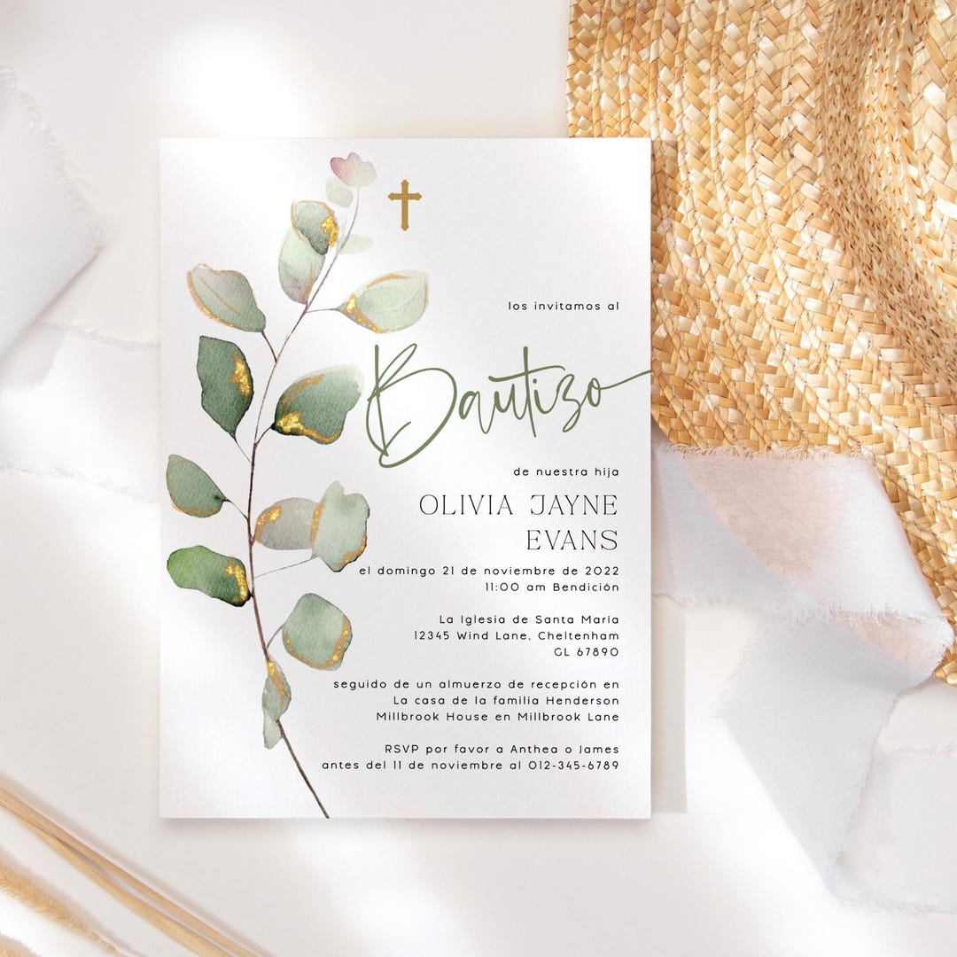 Editable Baptism Invitation Template in Spanish, Eucalyptus Greenery ...