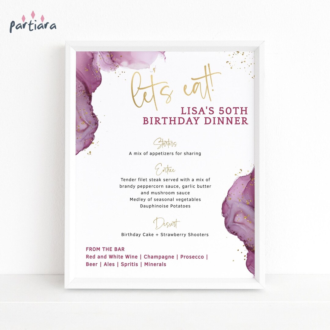Birthday Menu Sign Maroon Table Menus Printable, Birthday Dinner Buffet ...
