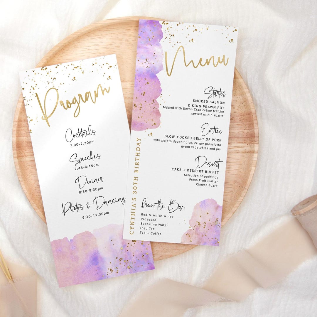 Editable Birthday Program Template, Pink Purple Party Table Menus With ...