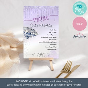 Editable Menu Ladies Birthday Diamonds Dinner Party Table Menus ...