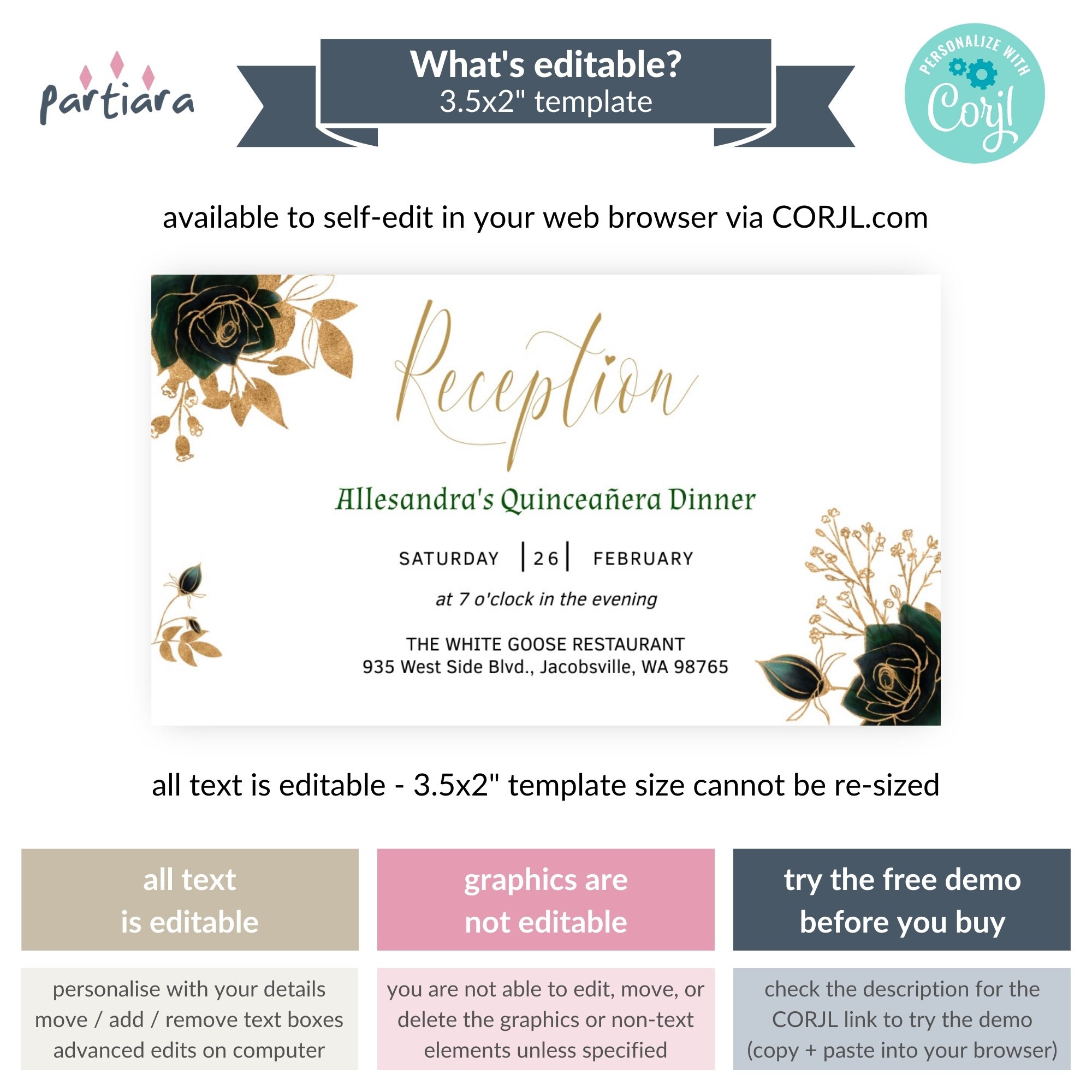 Quinceanera Reception Cards Printable, Emerald Green Gold Floral Dinner ...