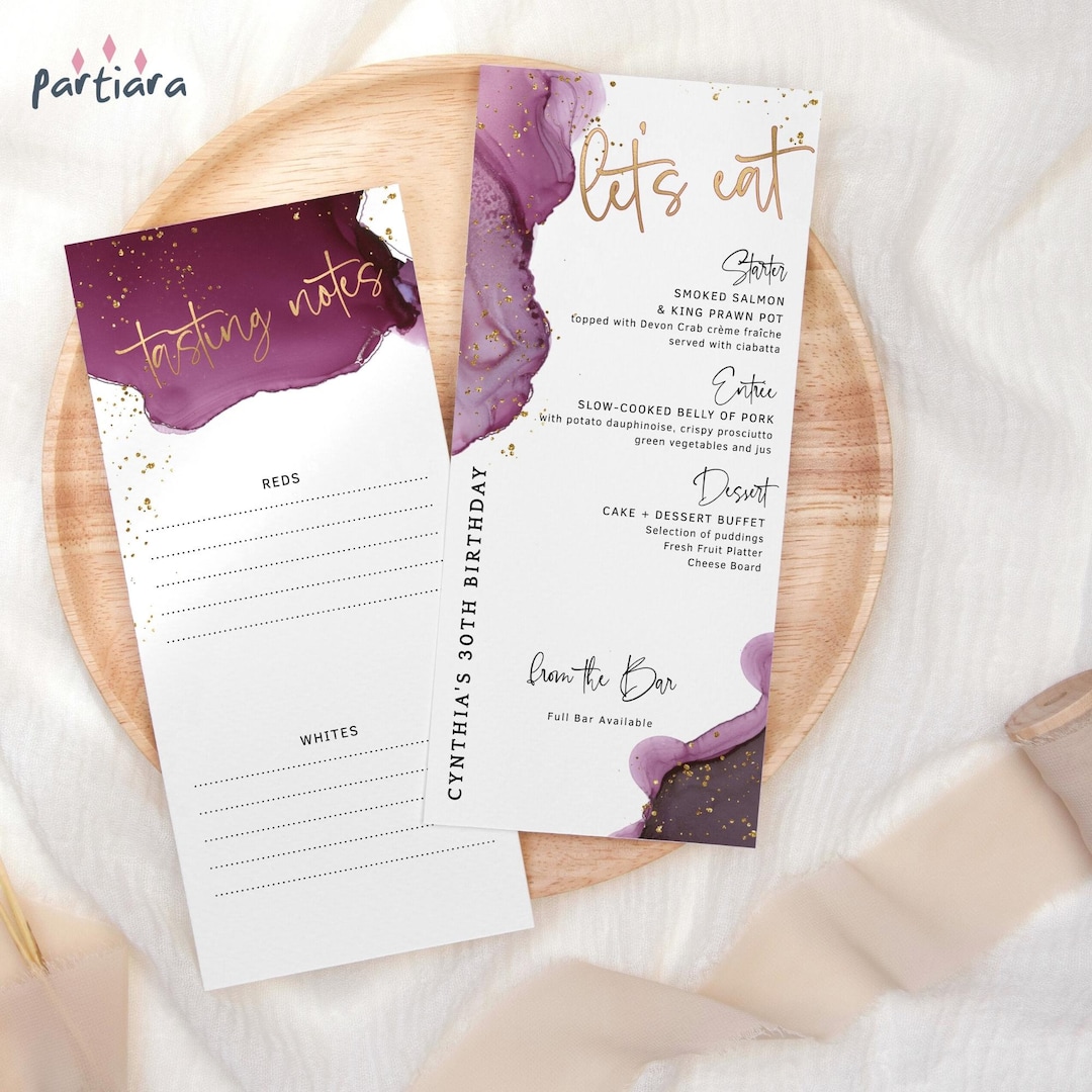 Maroon Gold Wine Tasting Dinner Party Menus and Notecard Printable Men ...