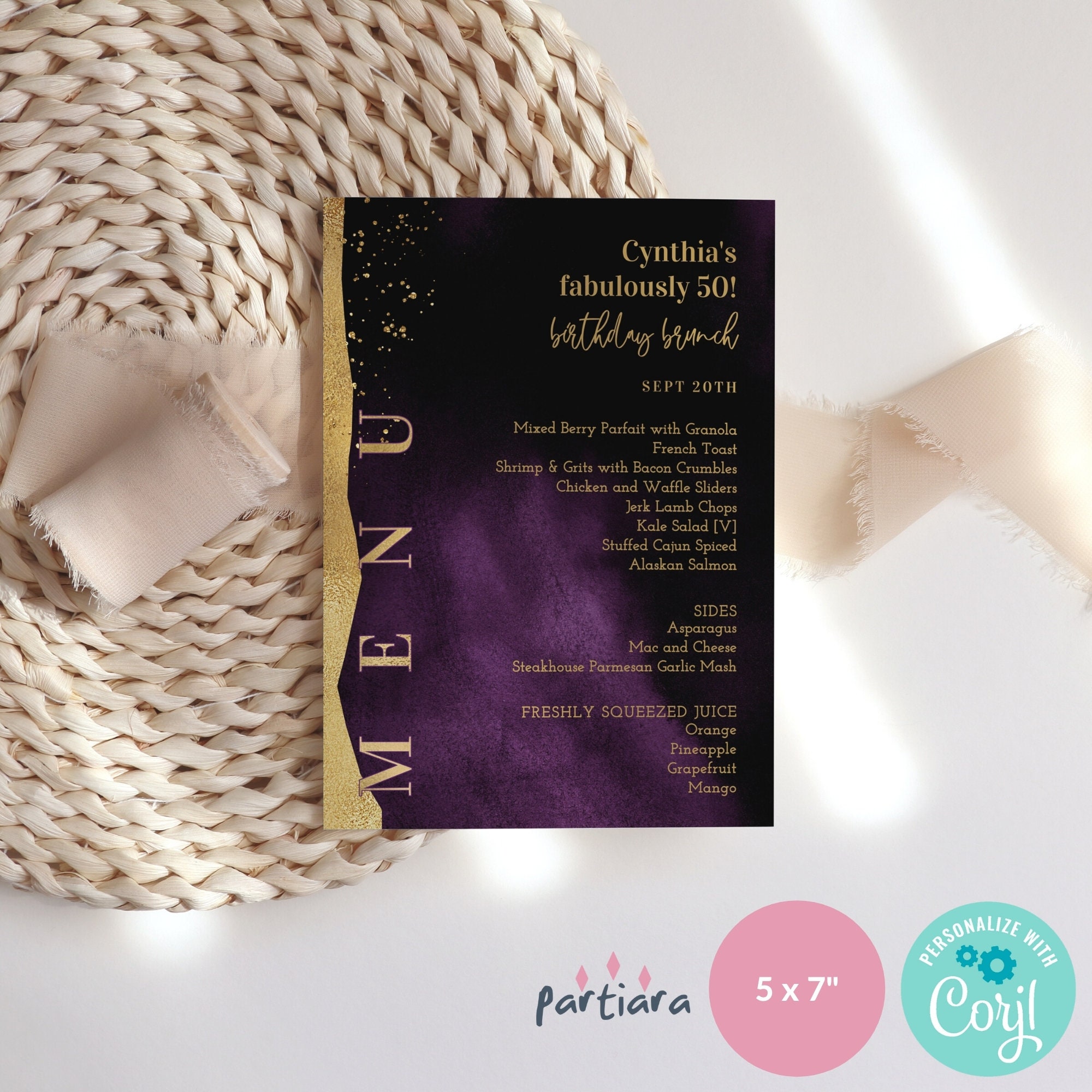 Royal Purple Gold Editable Menu Card Template Ladies Birthday Party ...