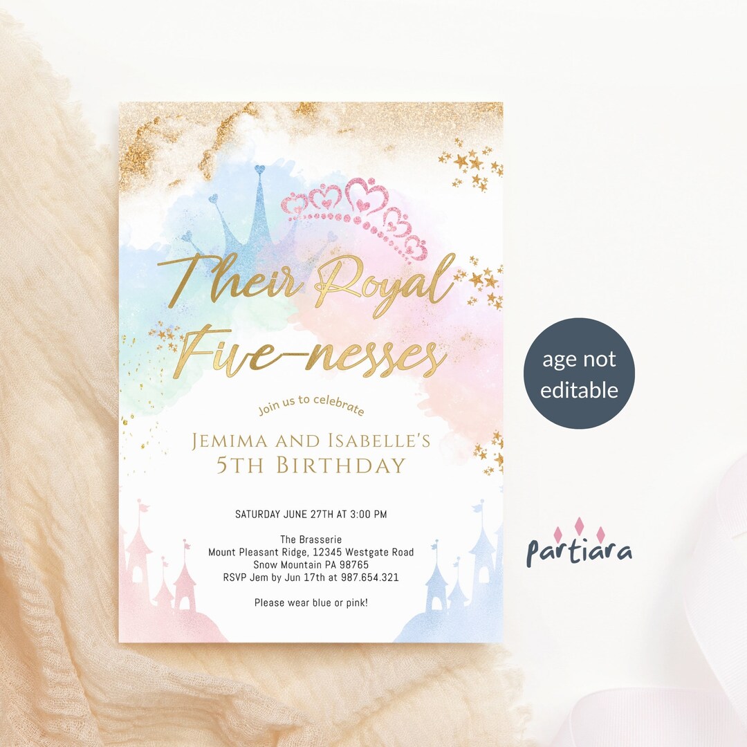 Twins 5th Birthday Invite, Princess Royal Party Invitation Printable ...