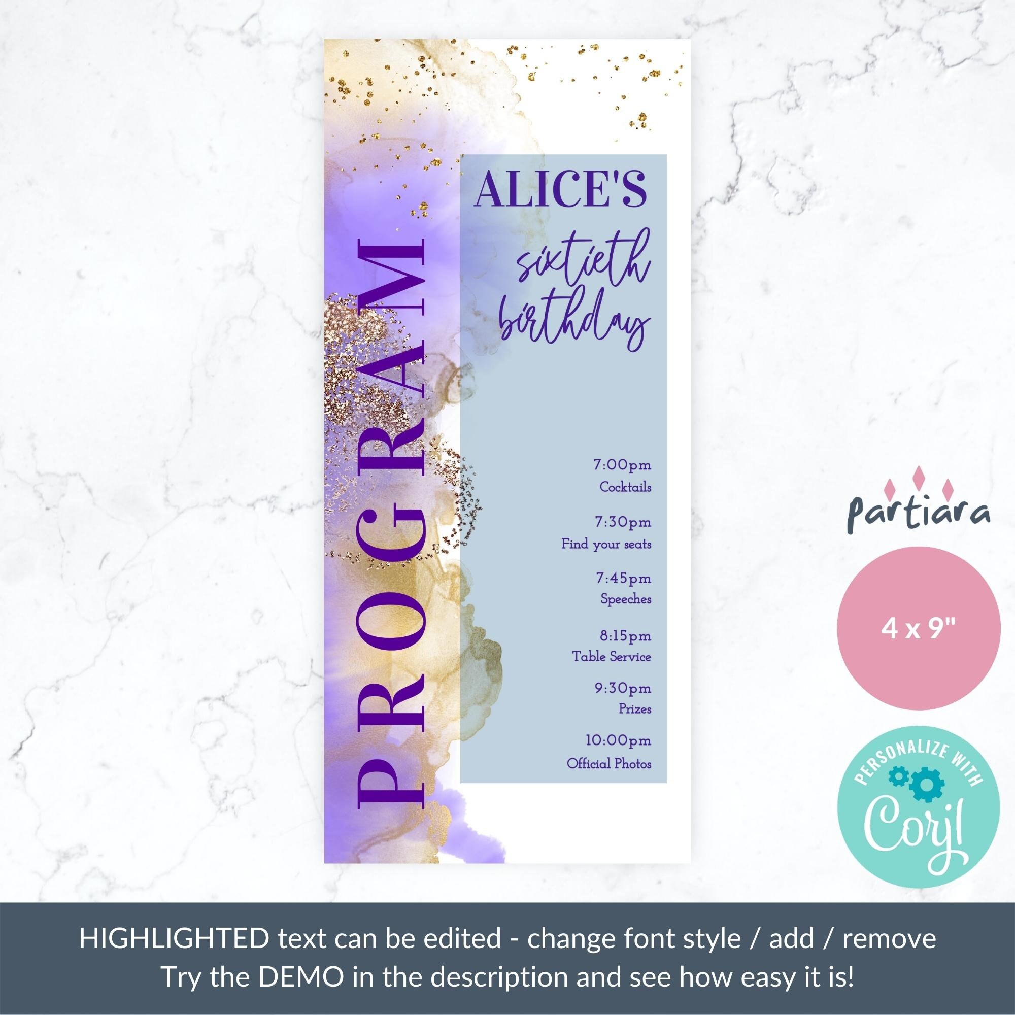 Purple Gold Program Card Editable Template Ladies Graduation - Etsy