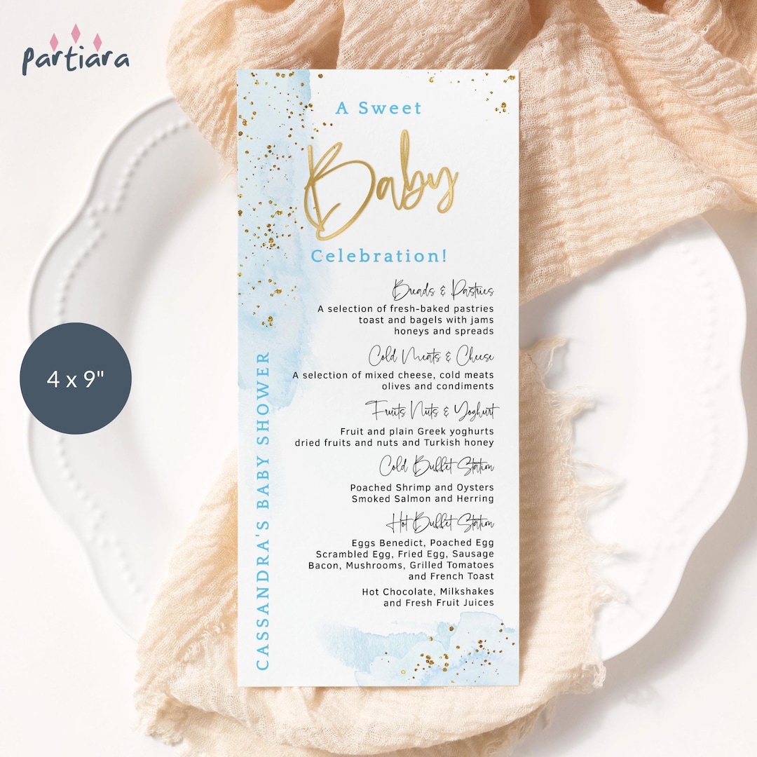 Baby Boy Menu Template, Baby Shower Menus Printable, Pastel Blue Gold ...