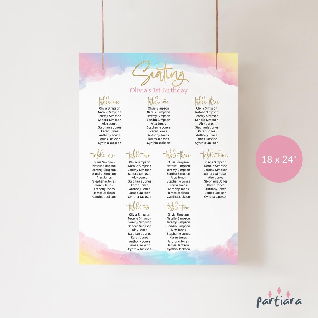 First Birthday Seating Chart, Rainbow Seating Chart Printable, Pastel ...
