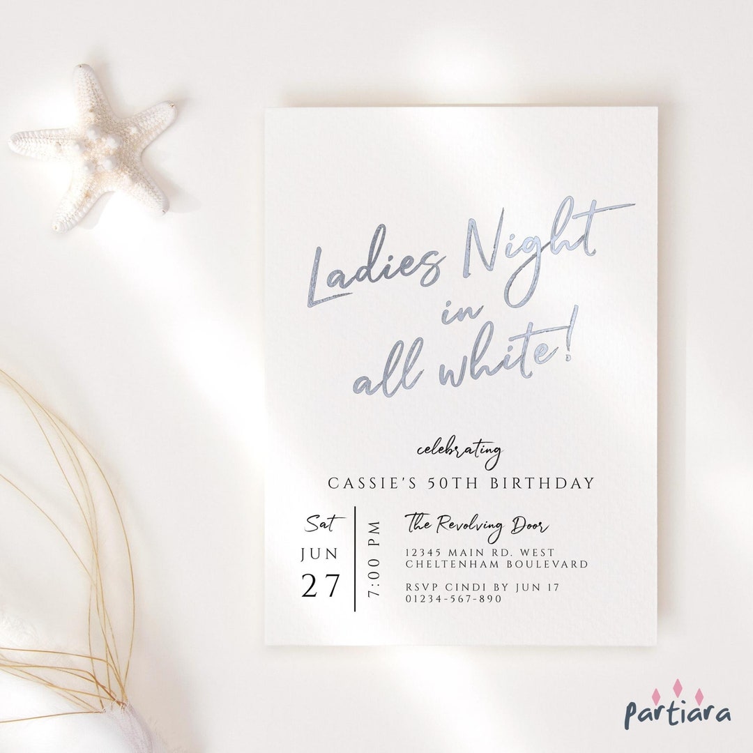 Ladies Birthday Invite Printable All White Dinner Drinks Party ...
