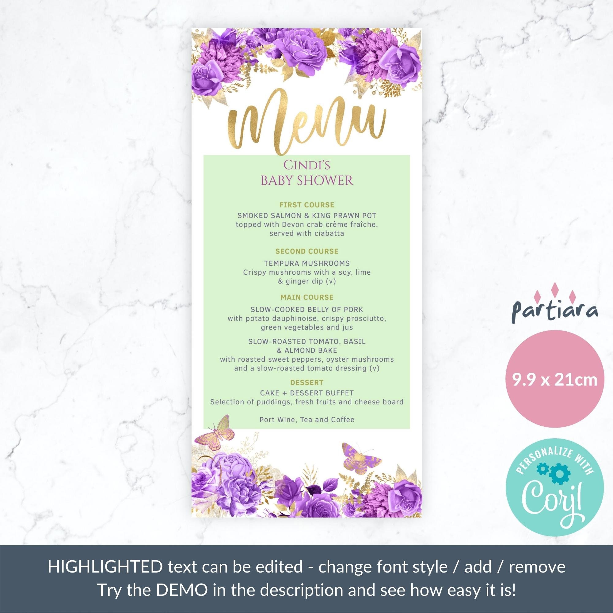 Purple Floral Butterfly Menu Printable Girl Baby Shower Party - Etsy