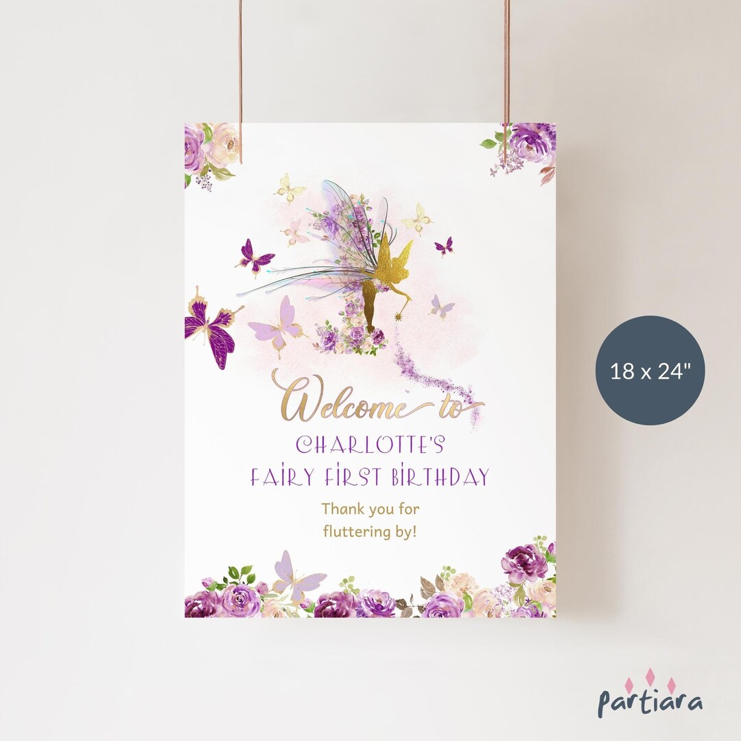 Fairy First Birthday Sign Welcome Party Poster Decor Printable Girls ...