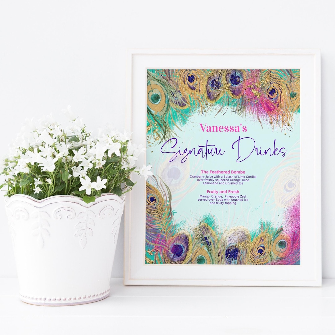 Peacock Signature Drinks Menu Template, Peacock Birthday Bar Menus ...