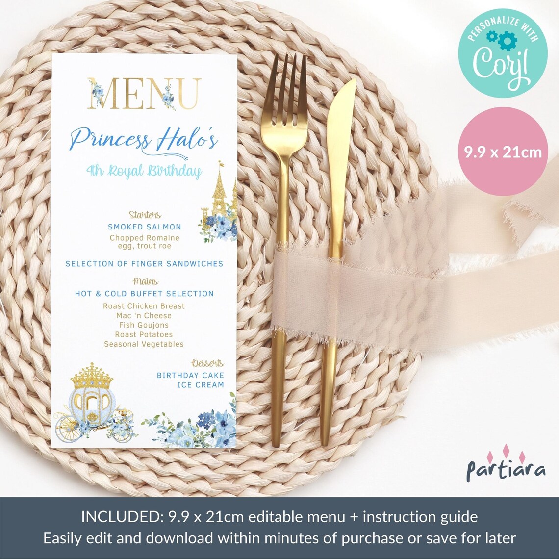 Princess Menu Card Printable, Birthday Fairytale Menus for Girls, Blue ...