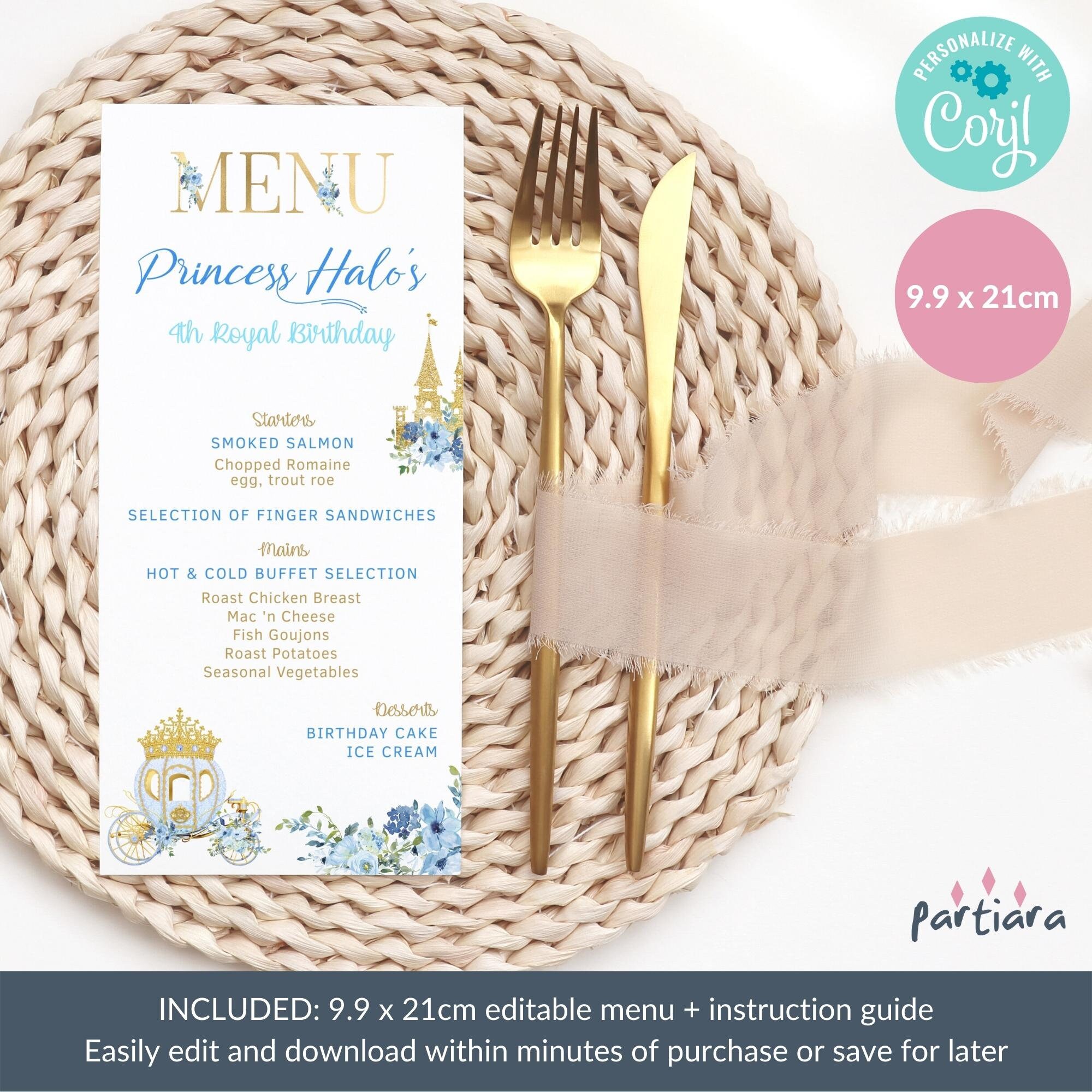 Princess Menu Card Printable, Birthday Fairytale Menus for Girls, Blue ...
