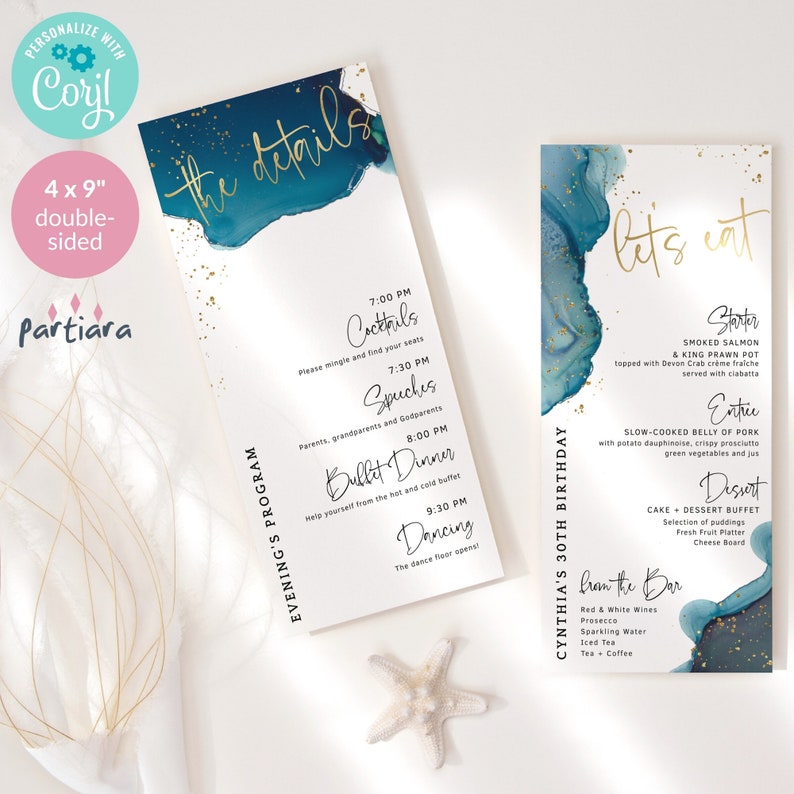 Teal Blue Gold Menu and Program Printable Editable Digital - Etsy